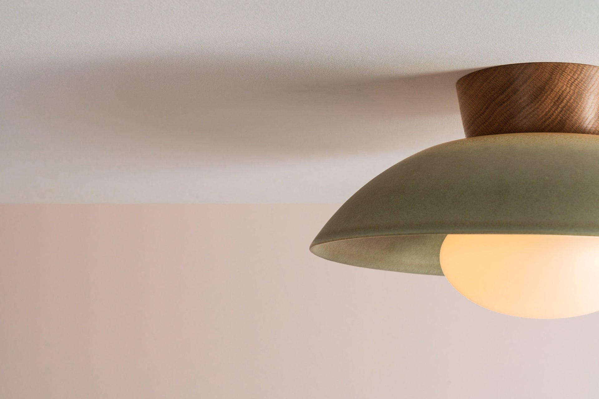 Green Dawn Flush Mount Ceiling Light in Ceramic and Oak – Studio Haran Ltd